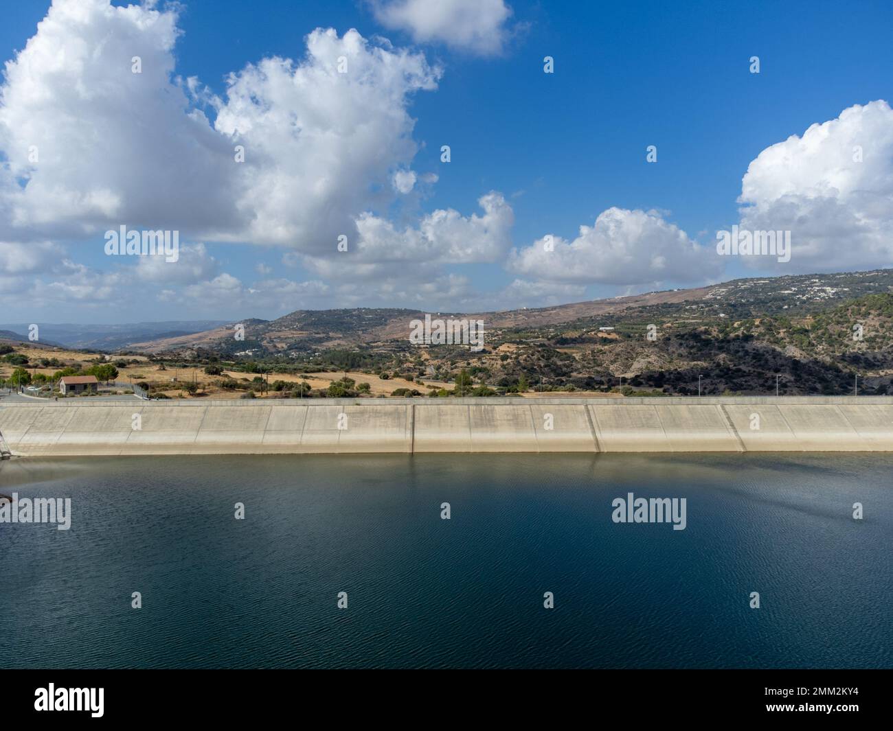 Aerial view on freshwater lake with dam for irrigation and drinking in ...