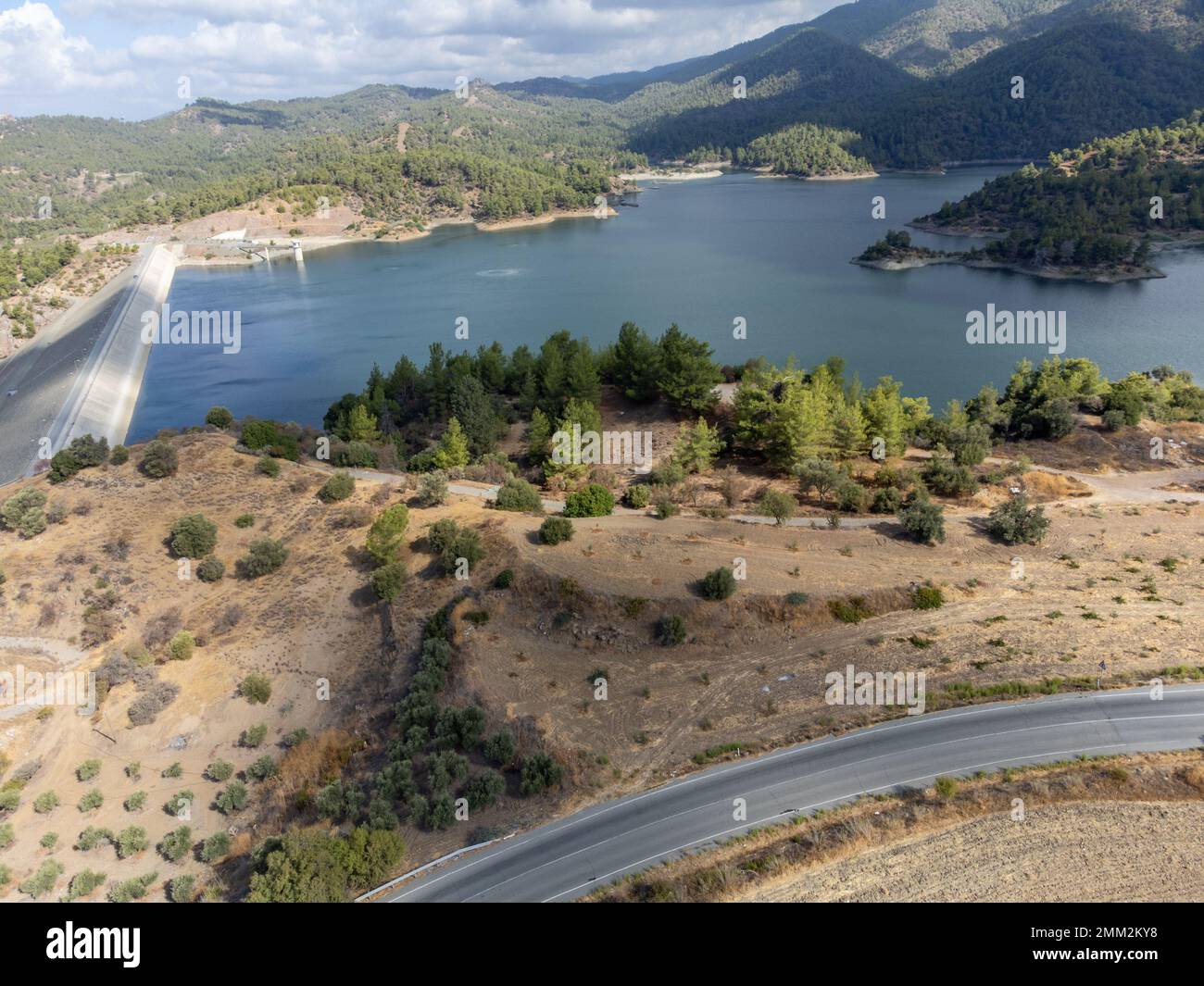 Aerial view on freshwater lake with dam for irrigation and drinking in ...