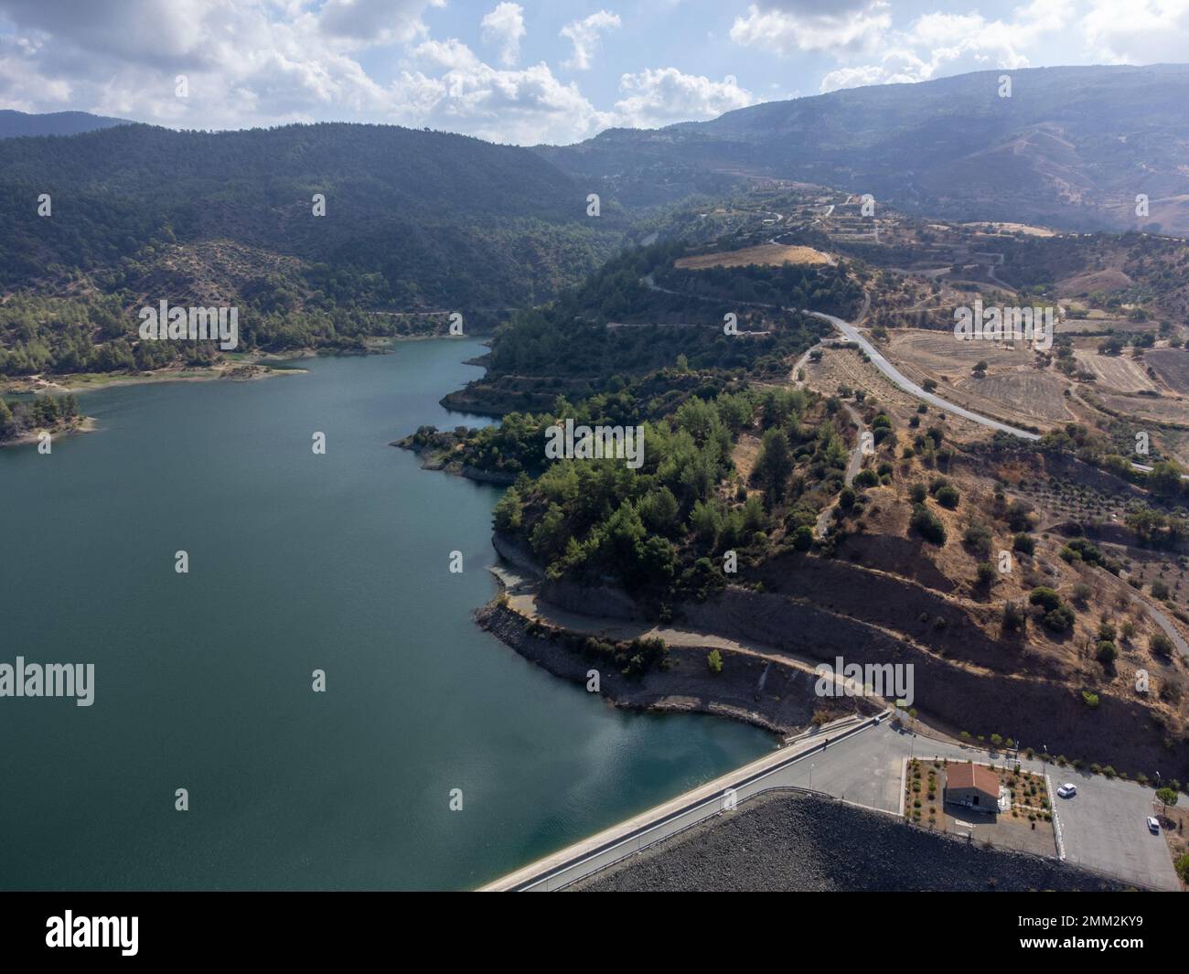 Aerial view on freshwater lake with dam for irrigation and drinking in ...