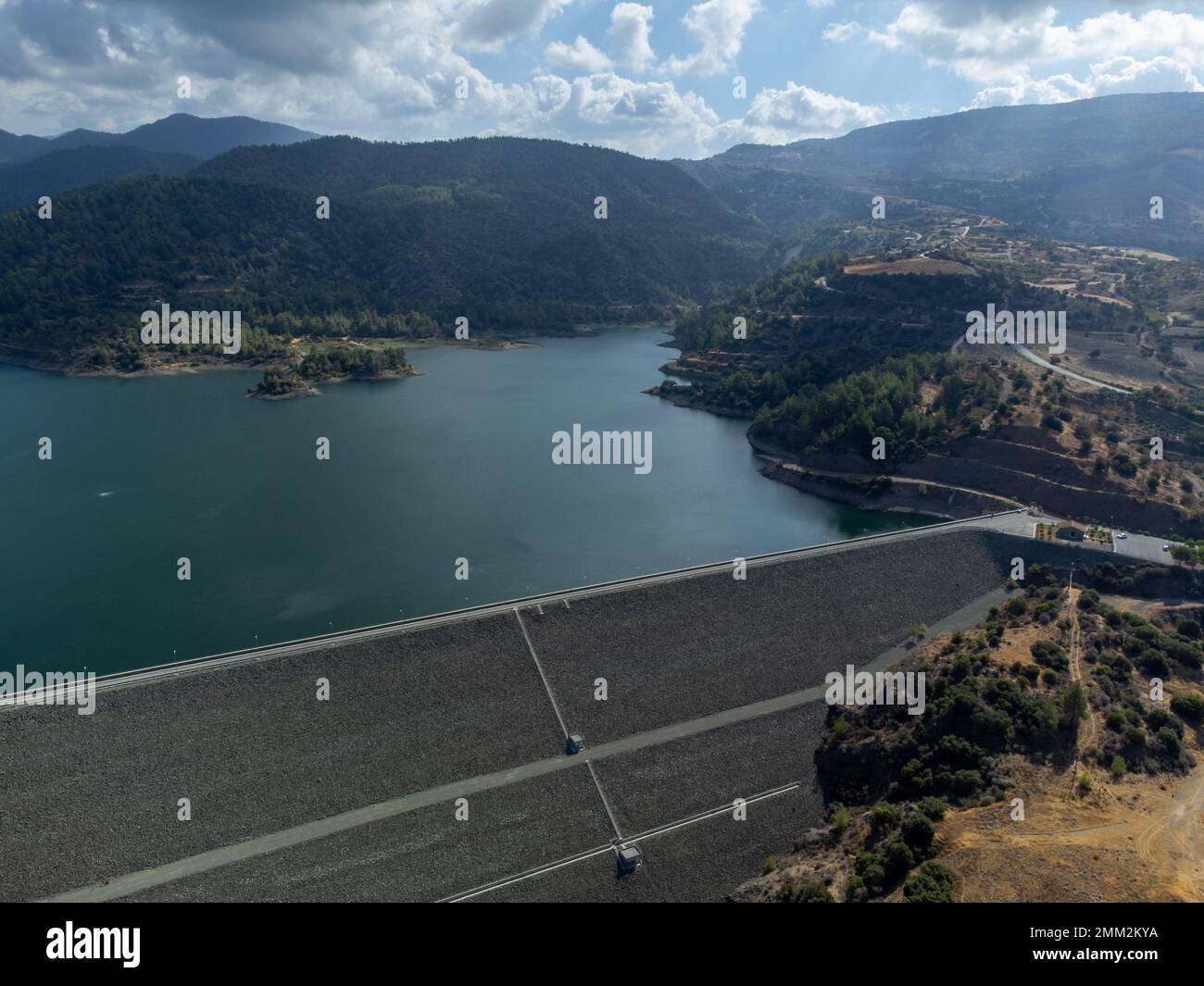 Aerial view on freshwater lake with dam for irrigation and drinking in ...