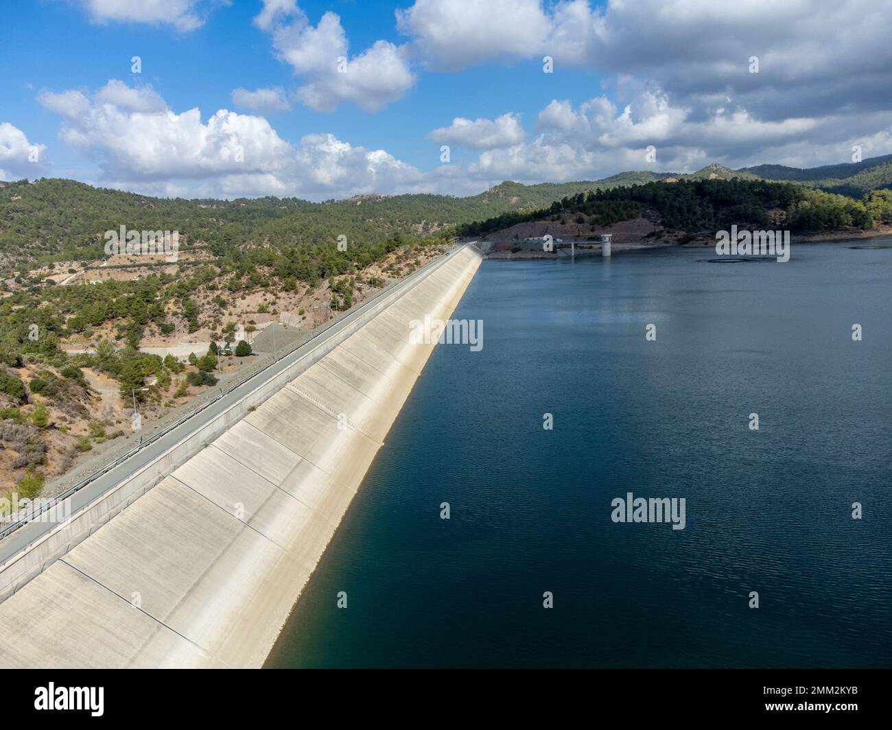 Aerial view on freshwater lake with dam for irrigation and drinking in ...