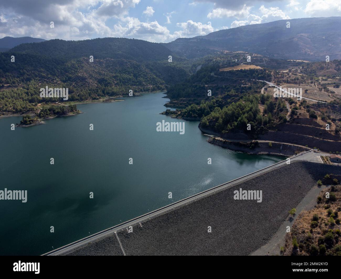 Aerial view on freshwater lake with dam for irrigation and drinking in ...