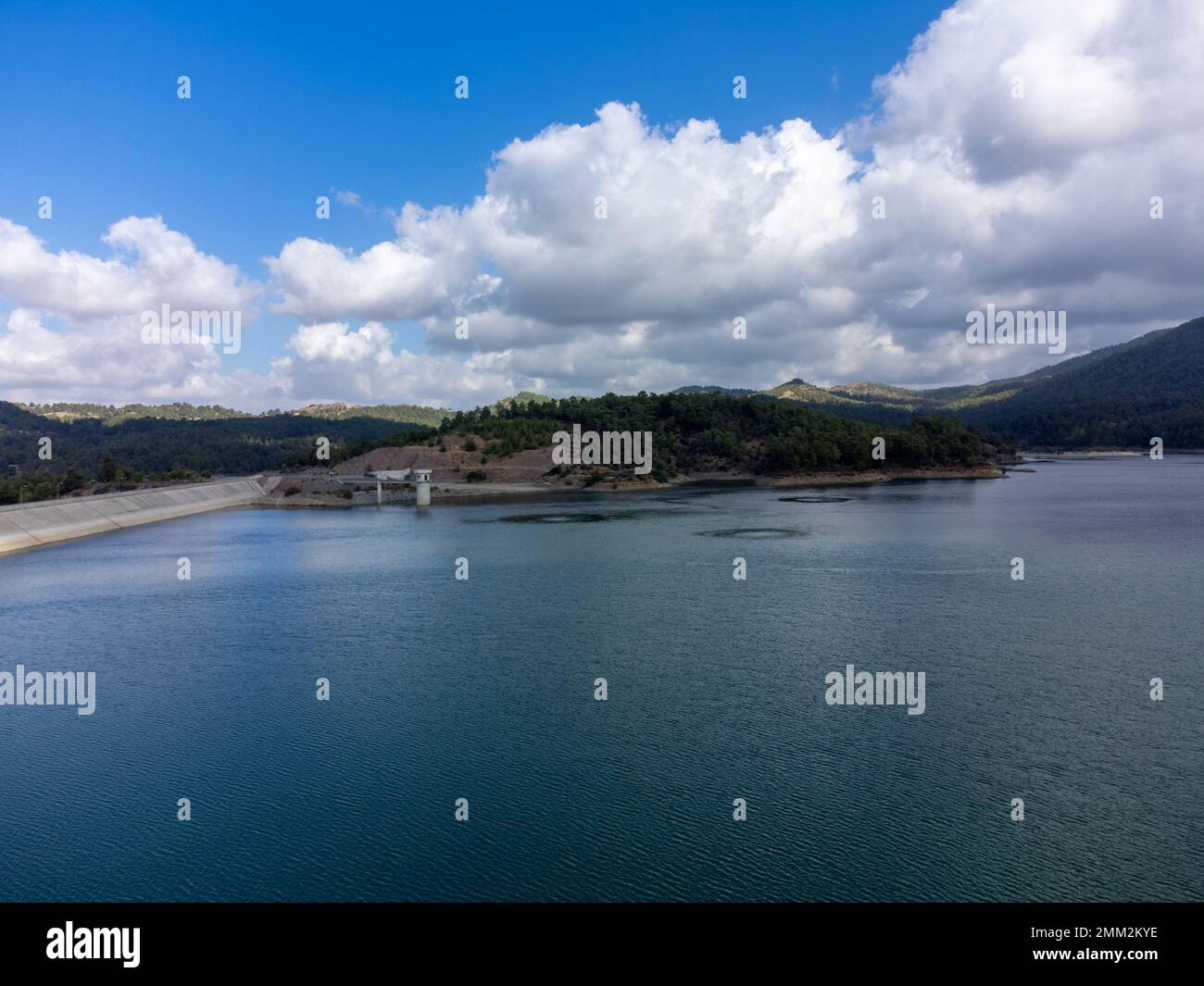 Aerial view on freshwater lake with dam for irrigation and drinking in ...