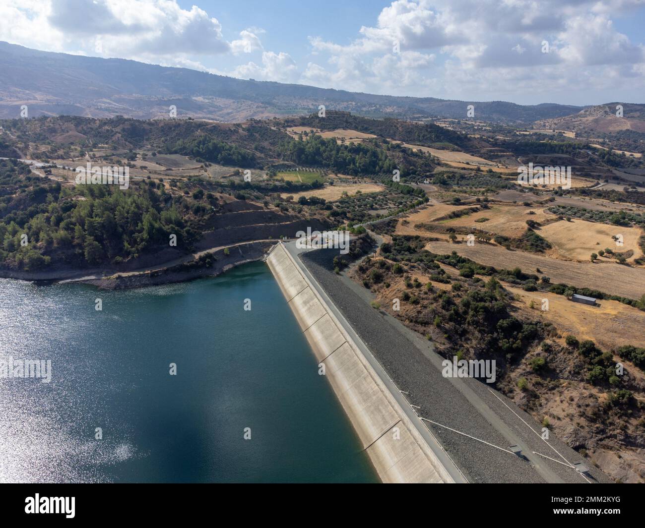 Aerial view on freshwater lake with dam for irrigation and drinking in ...