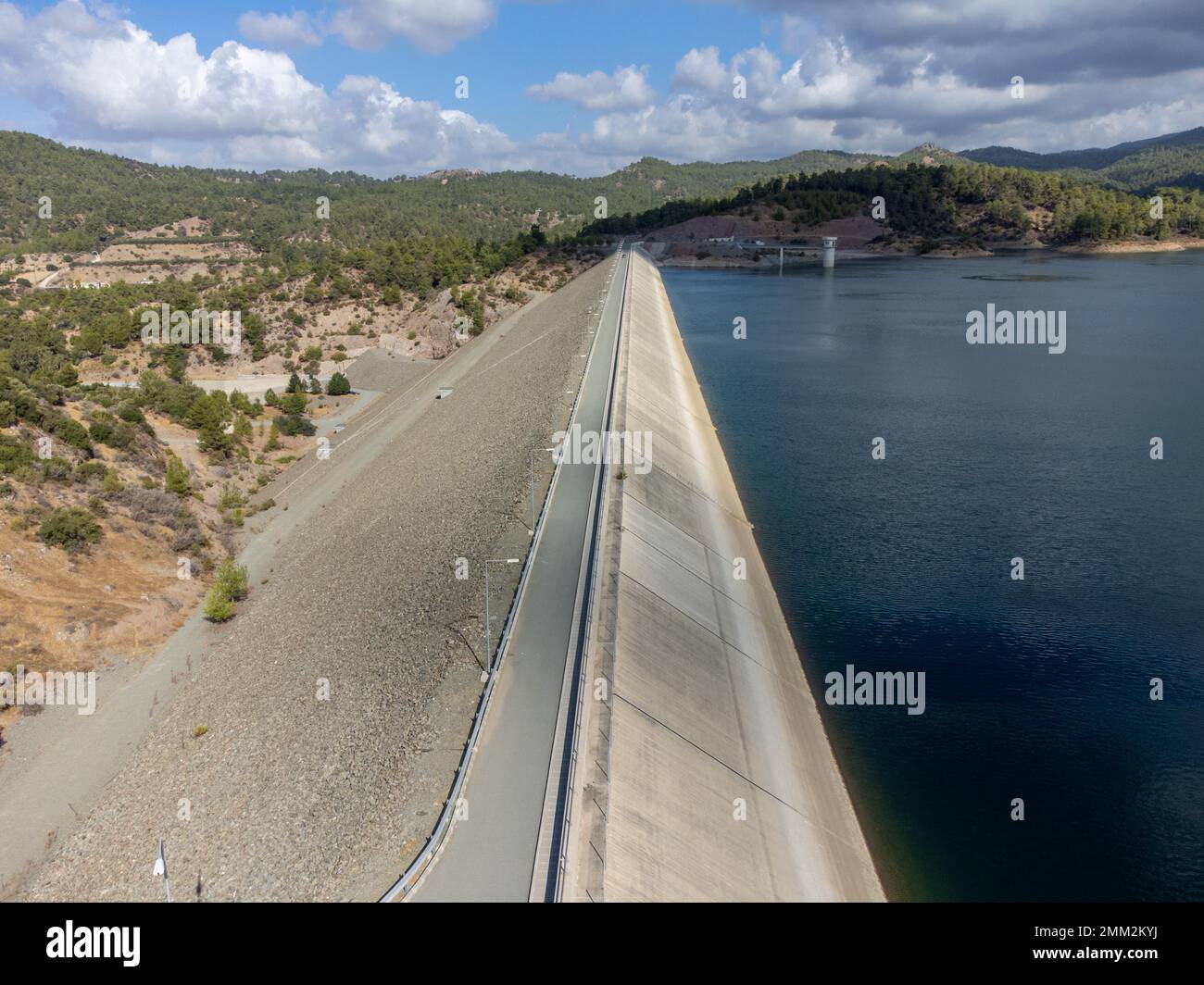 Aerial view on freshwater lake with dam for irrigation and drinking in ...