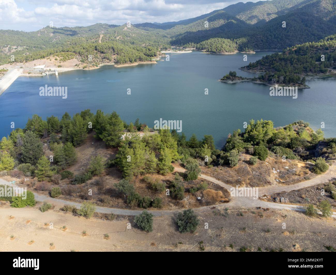 Aerial view on freshwater lake with dam for irrigation and drinking in ...