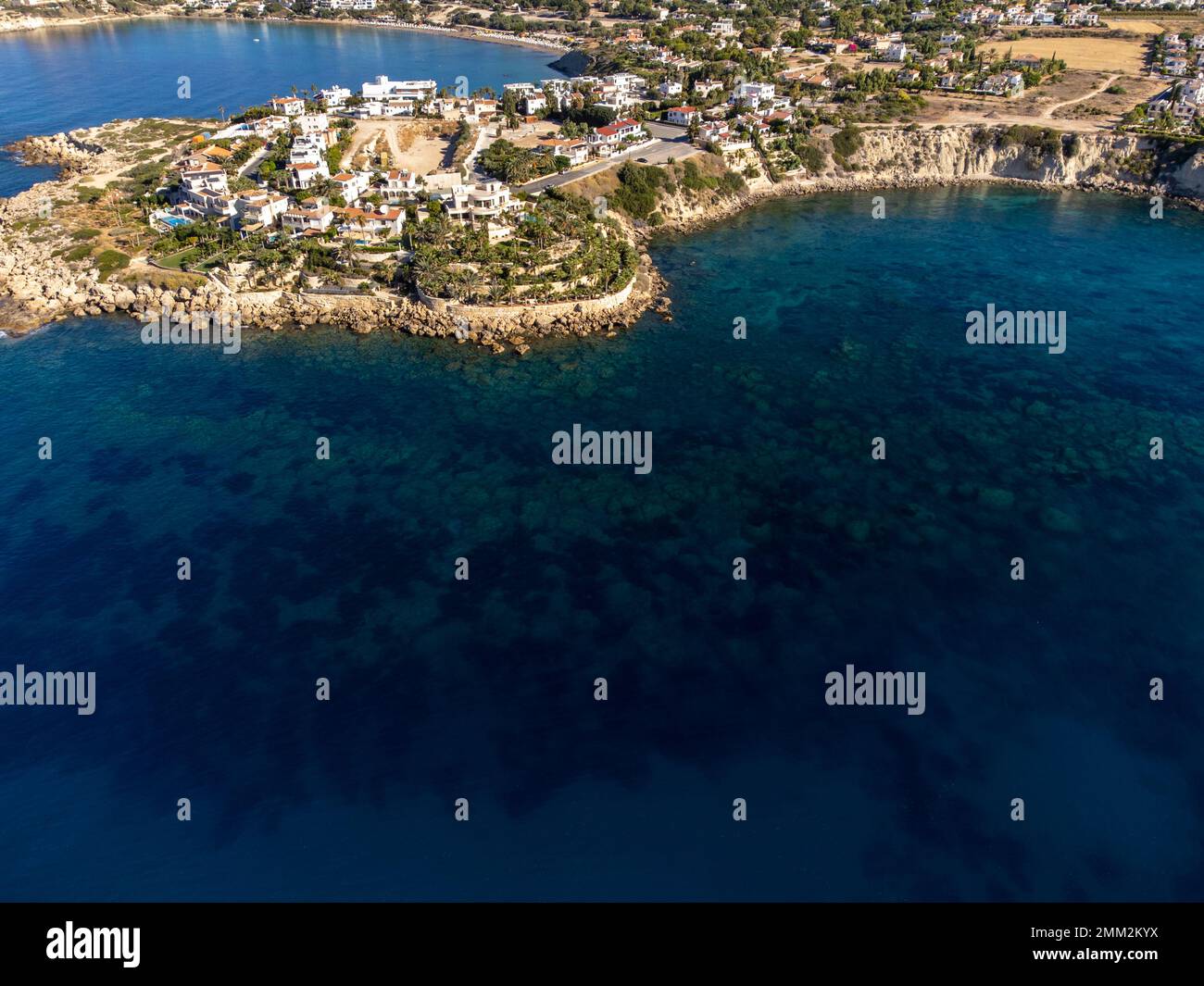 Aerial view on clear blue water of Coral bay in Peyia, Paphos ...
