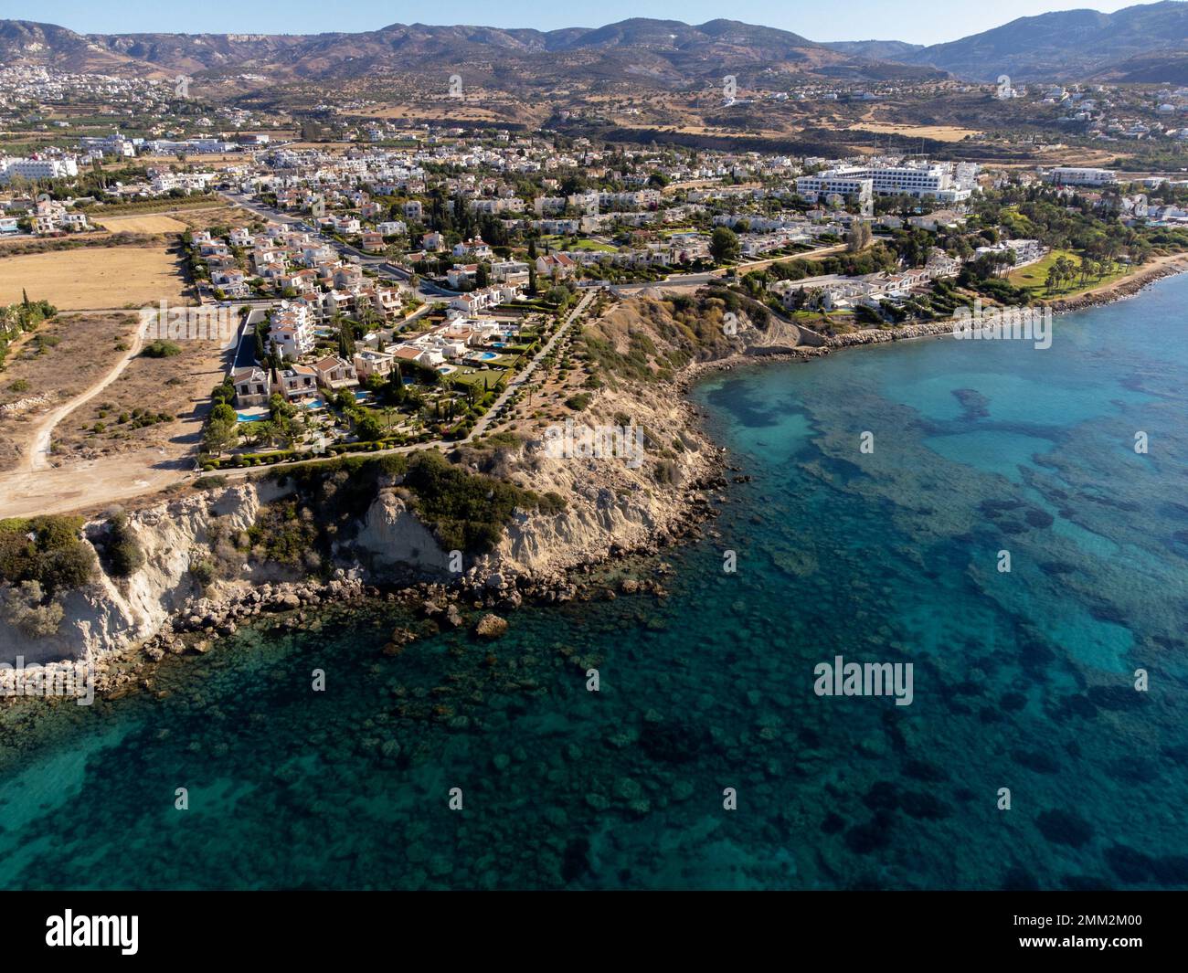 Aerial view on clear blue water of Coral bay in Peyia, Paphos ...