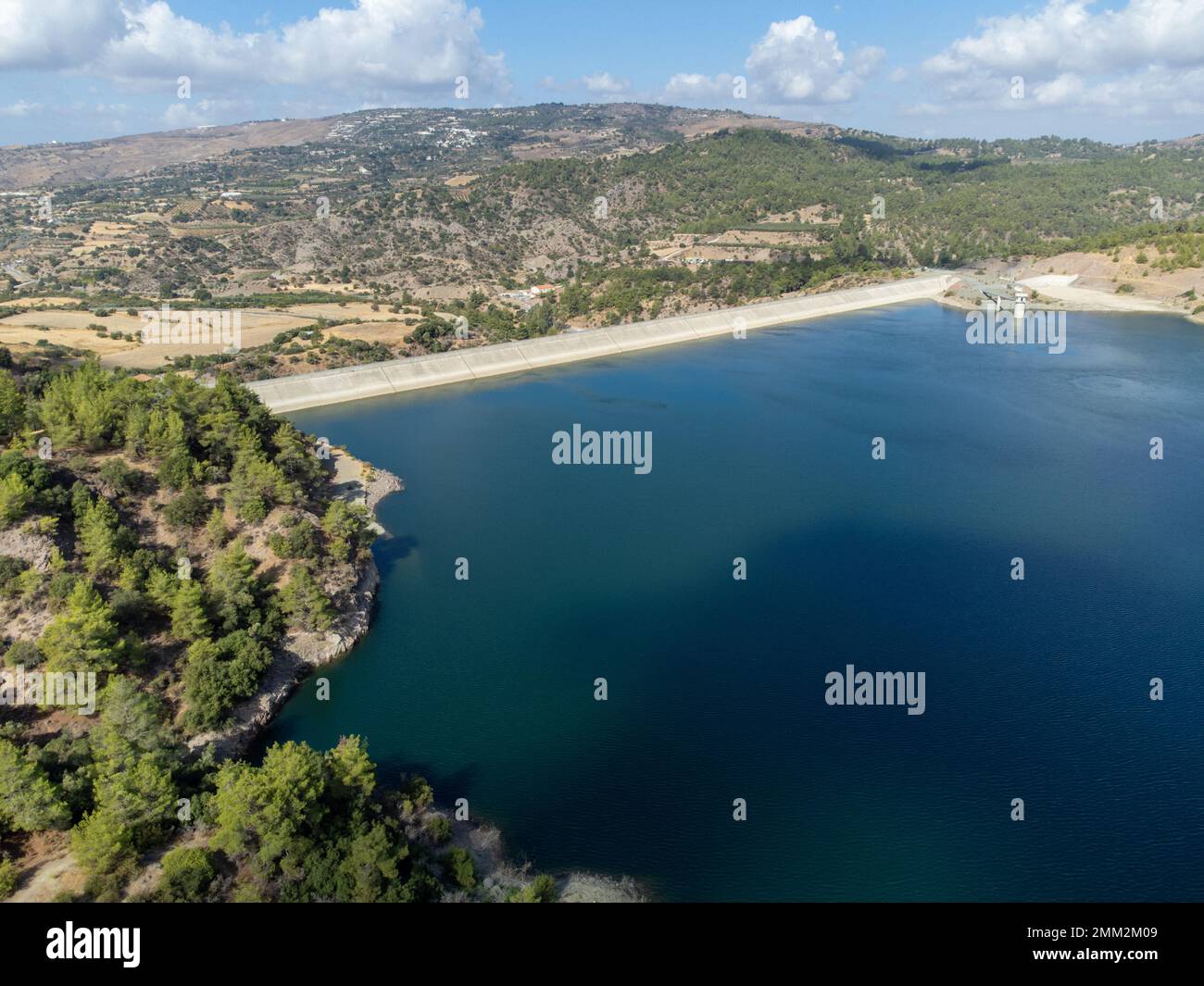 Aerial view on freshwater lake with dam for irrigation and drinking in ...