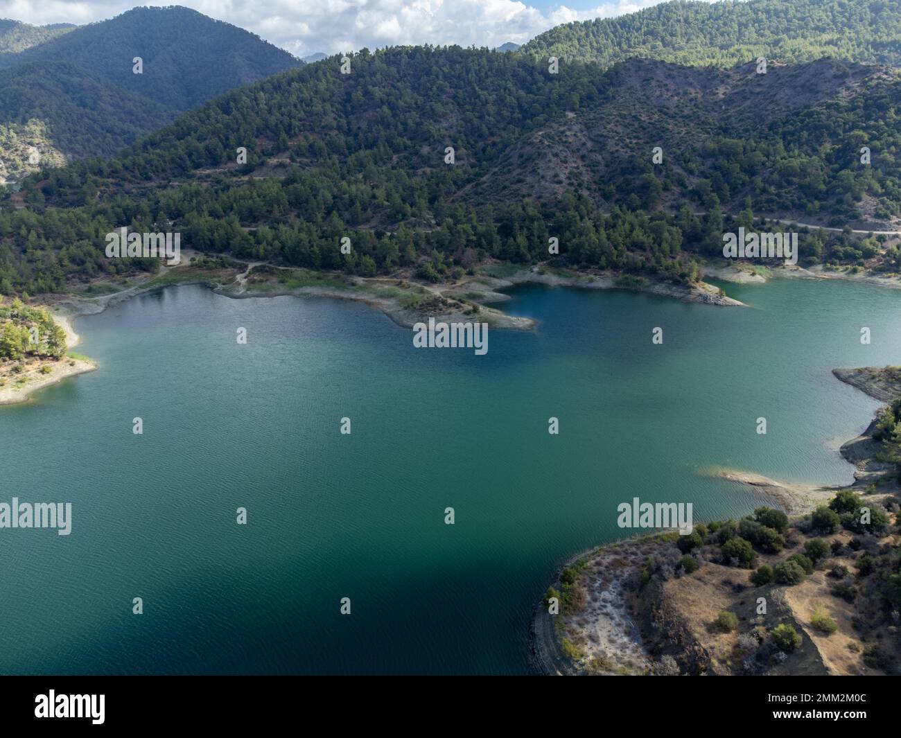 Aerial view on freshwater lake with dam for irrigation and drinking in ...