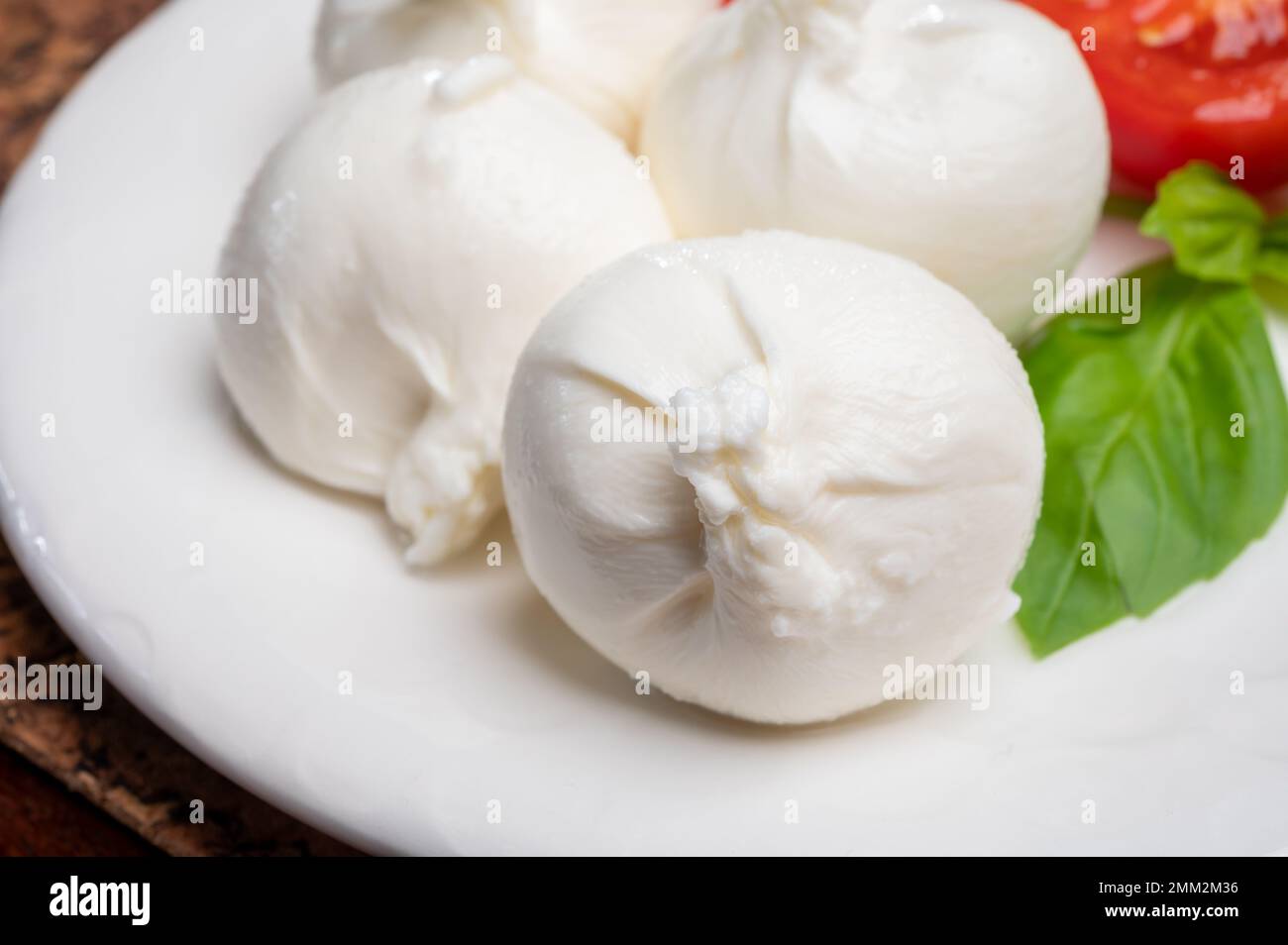 Eating of fresh handmade soft Italian cheese from Puglia, white balls ...