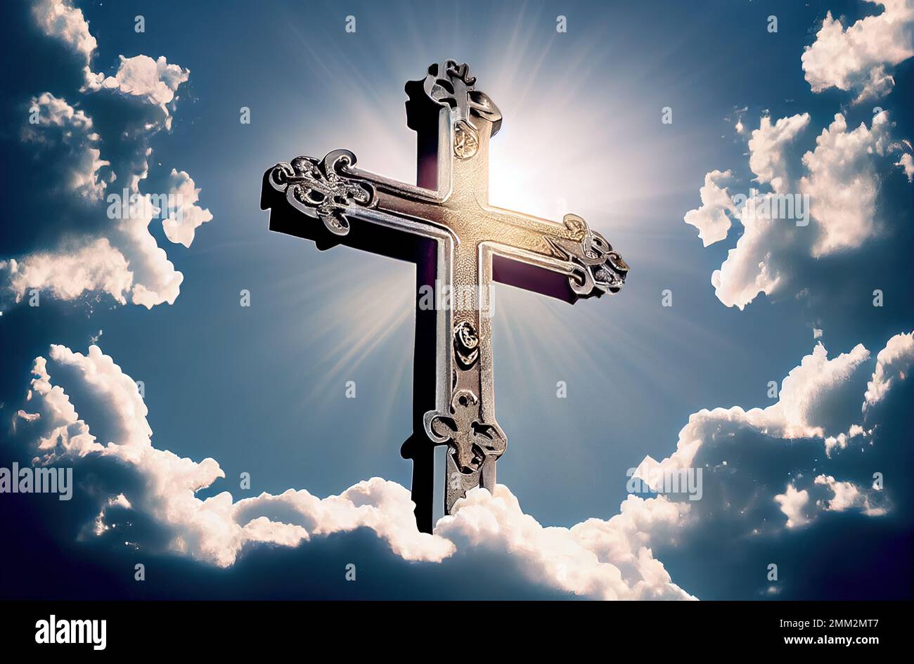 Shining cross in sun ray on sky in clouds, Ascension day concept ...