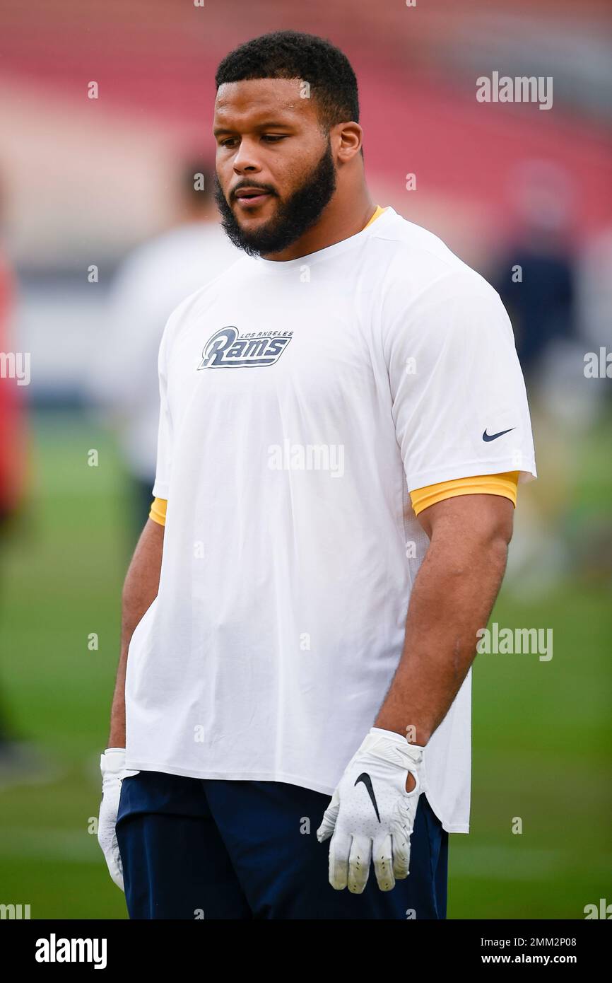 Los Angeles Rams defensive end Aaron Donald warms up before an NFL ...