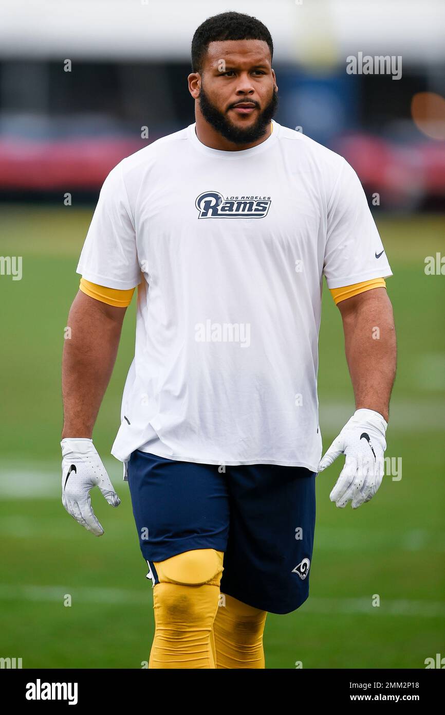 Los Angeles Rams defensive end Aaron Donald warms up before an NFL ...