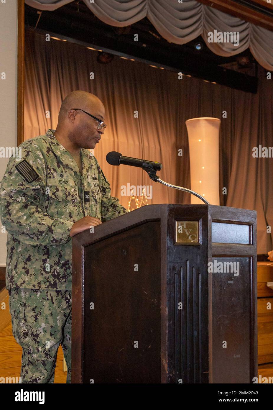 Capt. David Adams, Commander, Fleet Activities Sasebo (CFAS), speaks ...