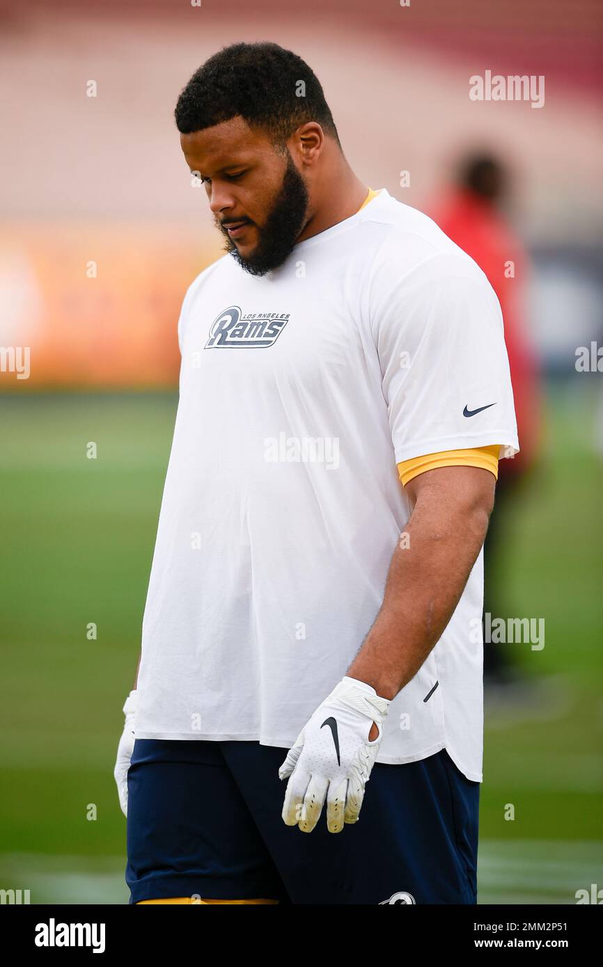 Los Angeles Rams defensive end Aaron Donald warms up before an NFL ...