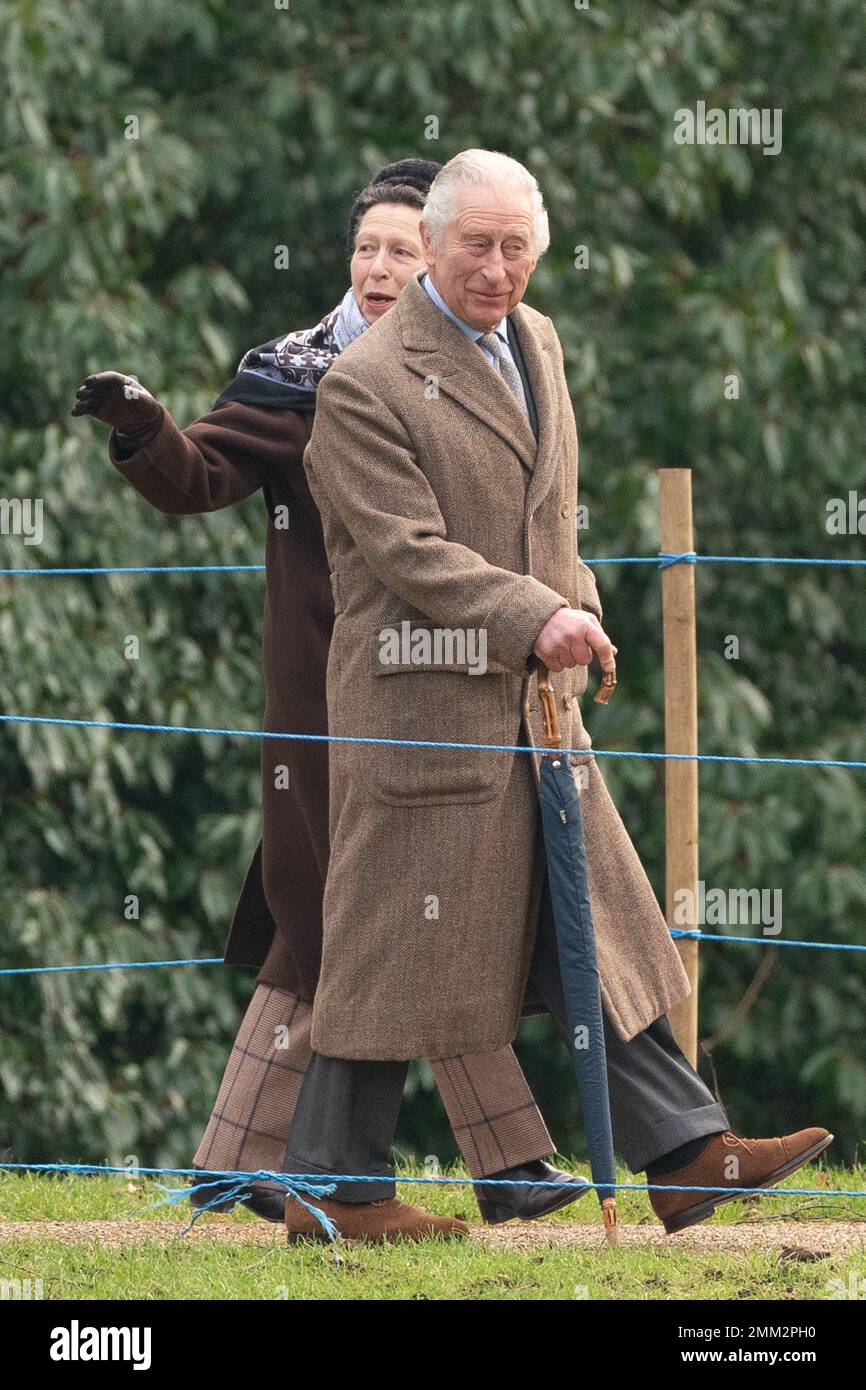 King Charles III and the Princess Royal arrive to attend a church ...