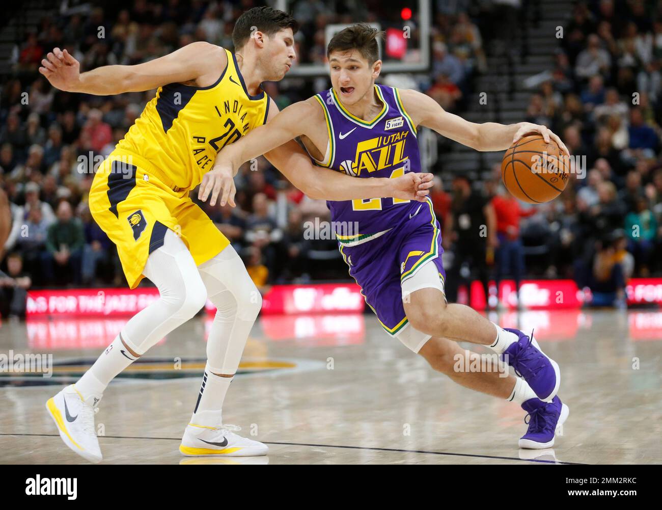 Indiana Pacers forward Doug McDermott (20) guards Utah Jazz guard ...