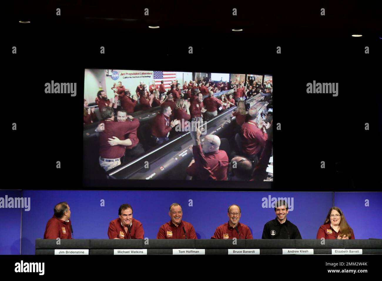 From left, NASA officials Jim Bridenstine, Michael Watkins, Tom Hoffman ...