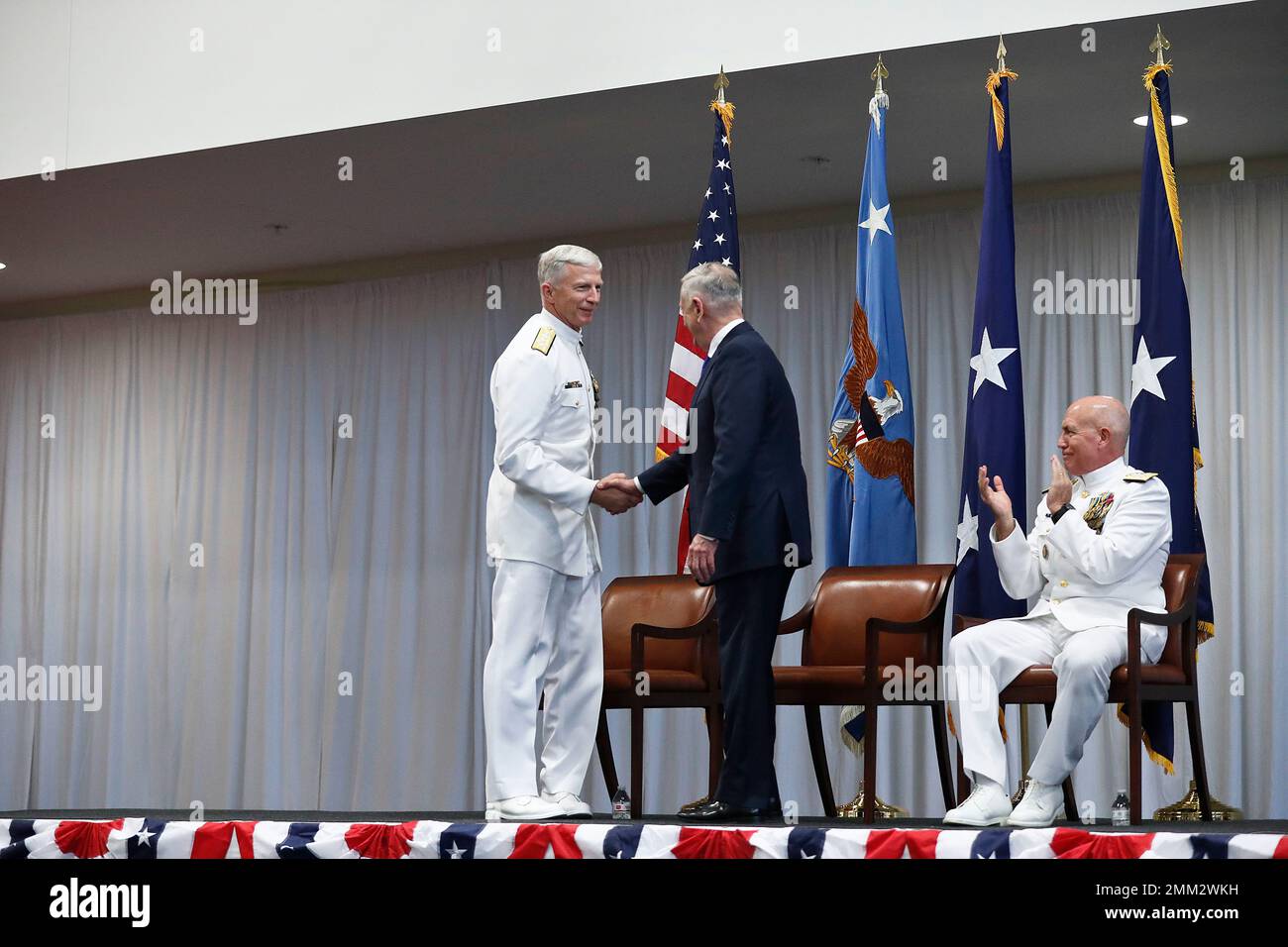 Secretary of Defense James Mattis, center, shakes U.S. Navy Adm. Craig ...