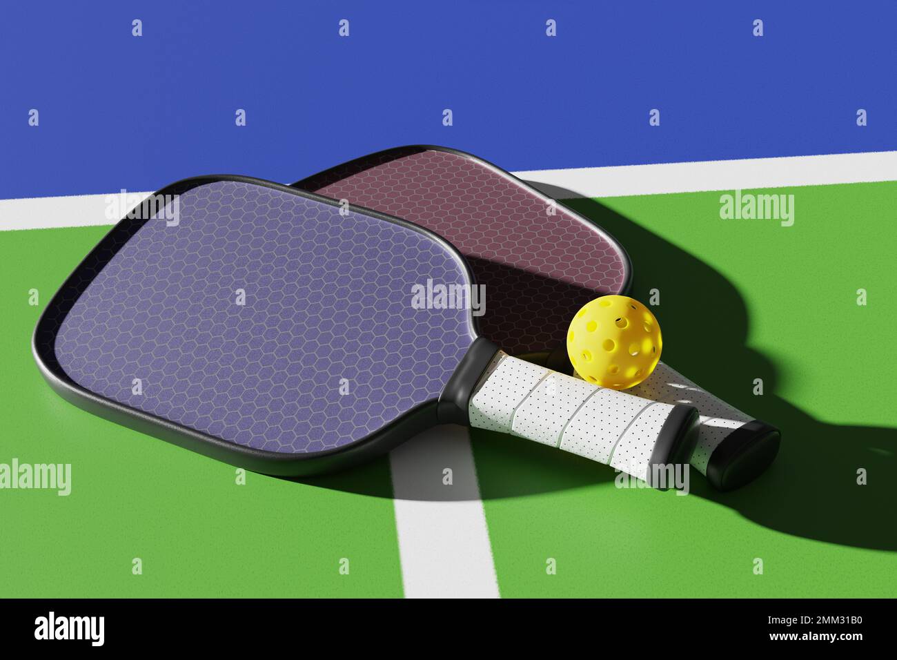 Two pickleball paddles and a ball on the court. Close-up 3D rendering ...