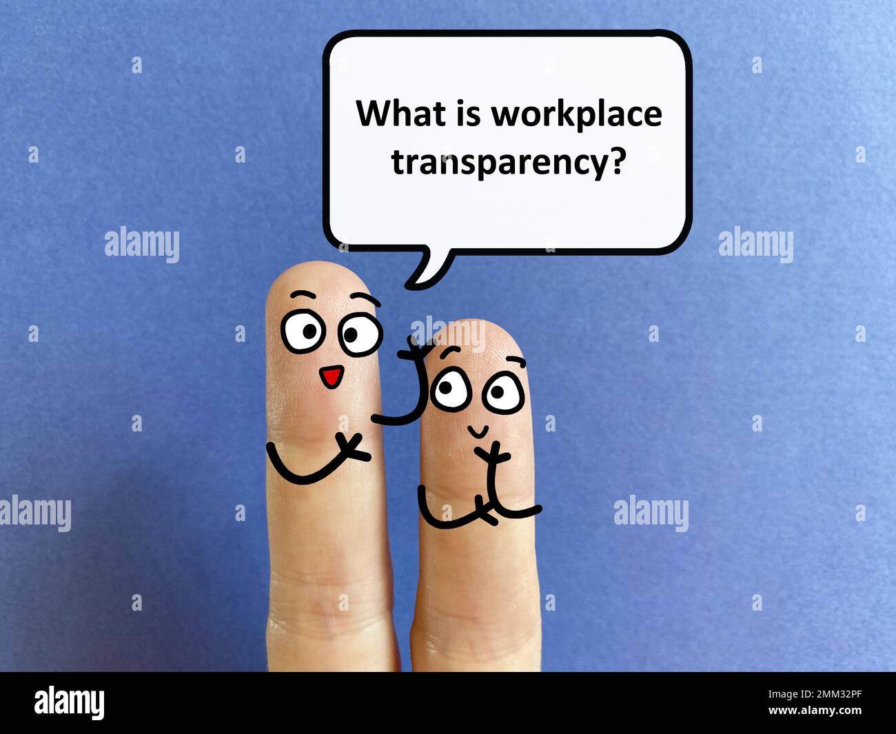 Two fingers are decorated as two person. One of them is asking another what is workplace ...
