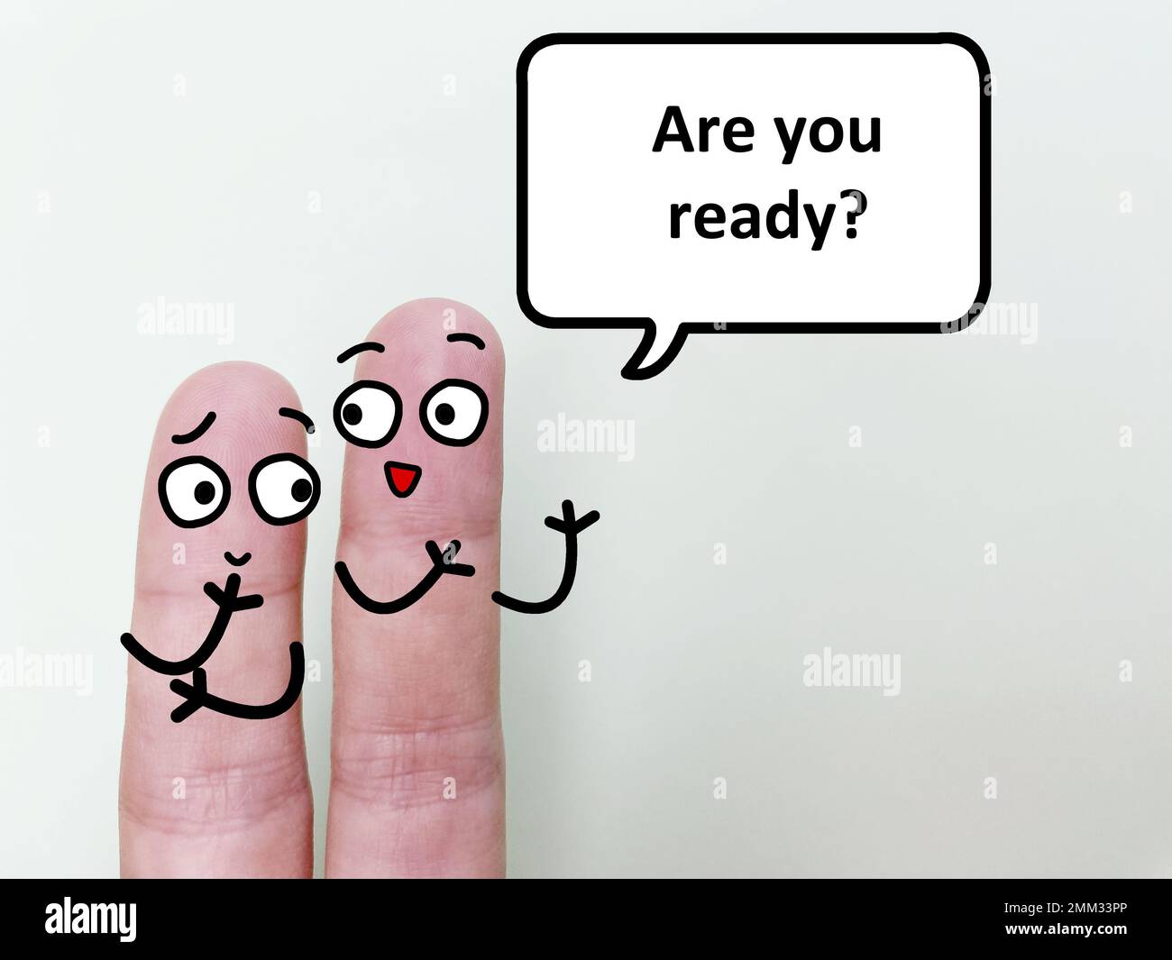Two fingers are decorated as two person. One of them is asking another ...