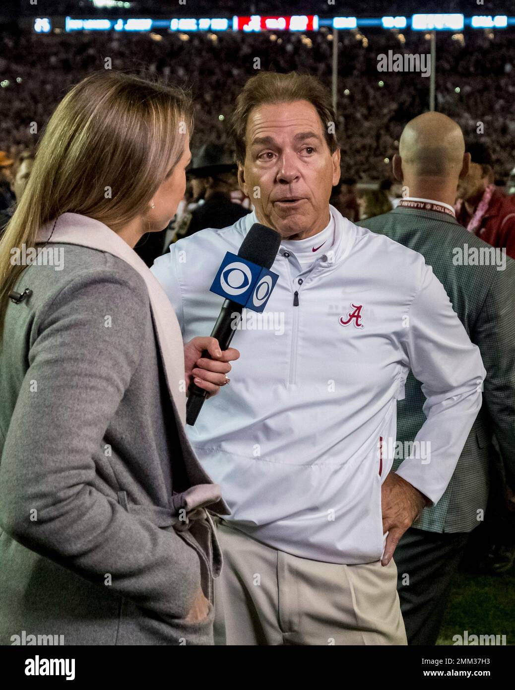 Alabama head coach Nick Saban talks with CBS after an NCAA college ...