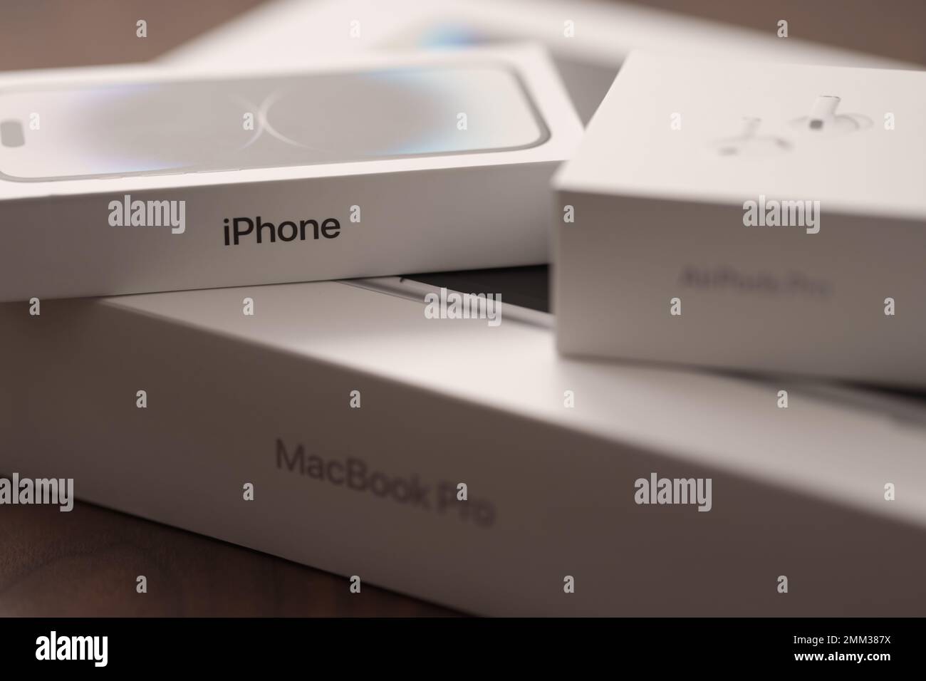 Saint-Petersburg, Russia - Circa December, 2022: Apple devices in boxes ...