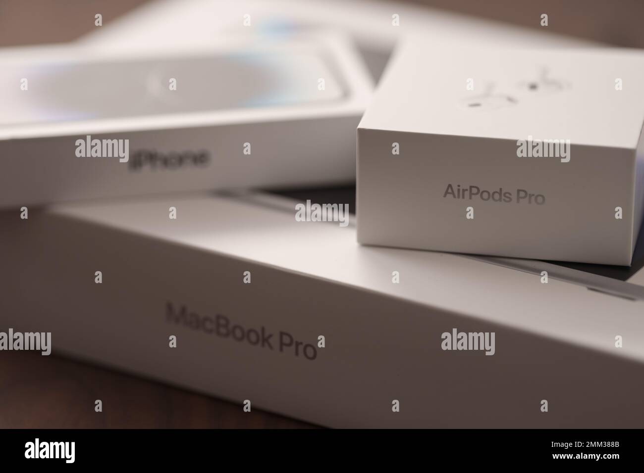 Saint-Petersburg, Russia - Circa December, 2022: Apple devices in boxes ...