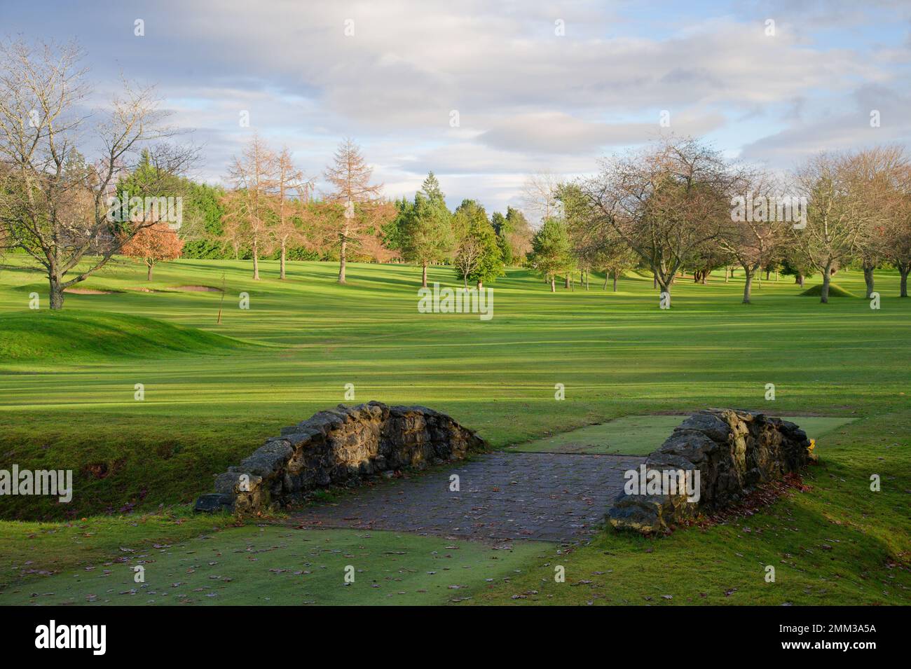 Golf course green with foot bridge over stream Stock Photo - Alamy