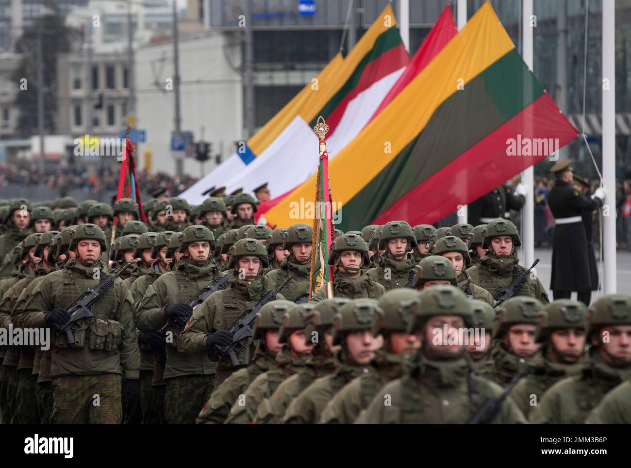 Lithuania's soldiers march during a military parade ceremony marking ...
