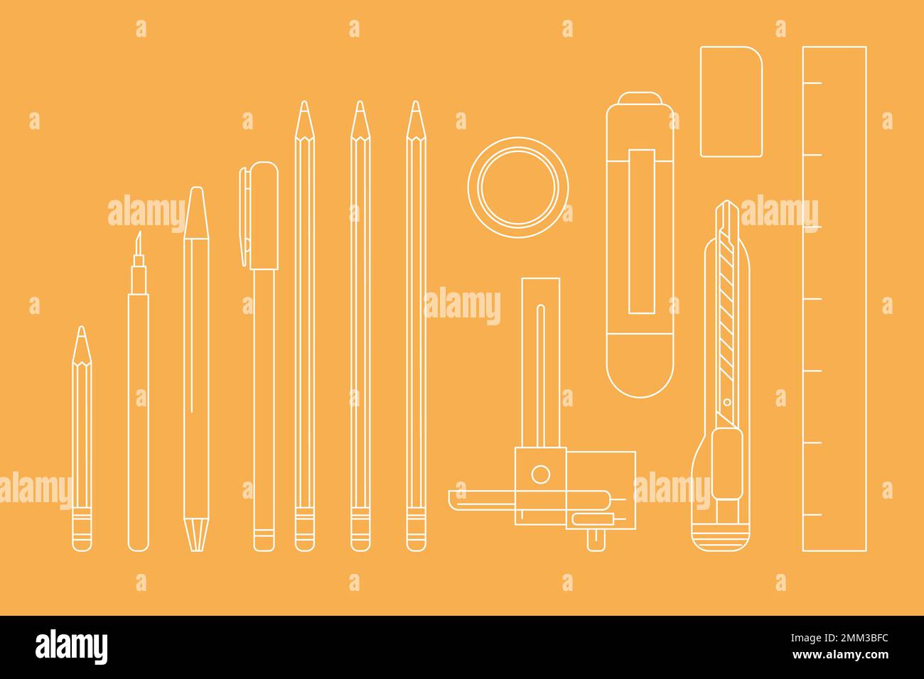 Orange stationery outline, vector illustration set Stock Vector Image ...