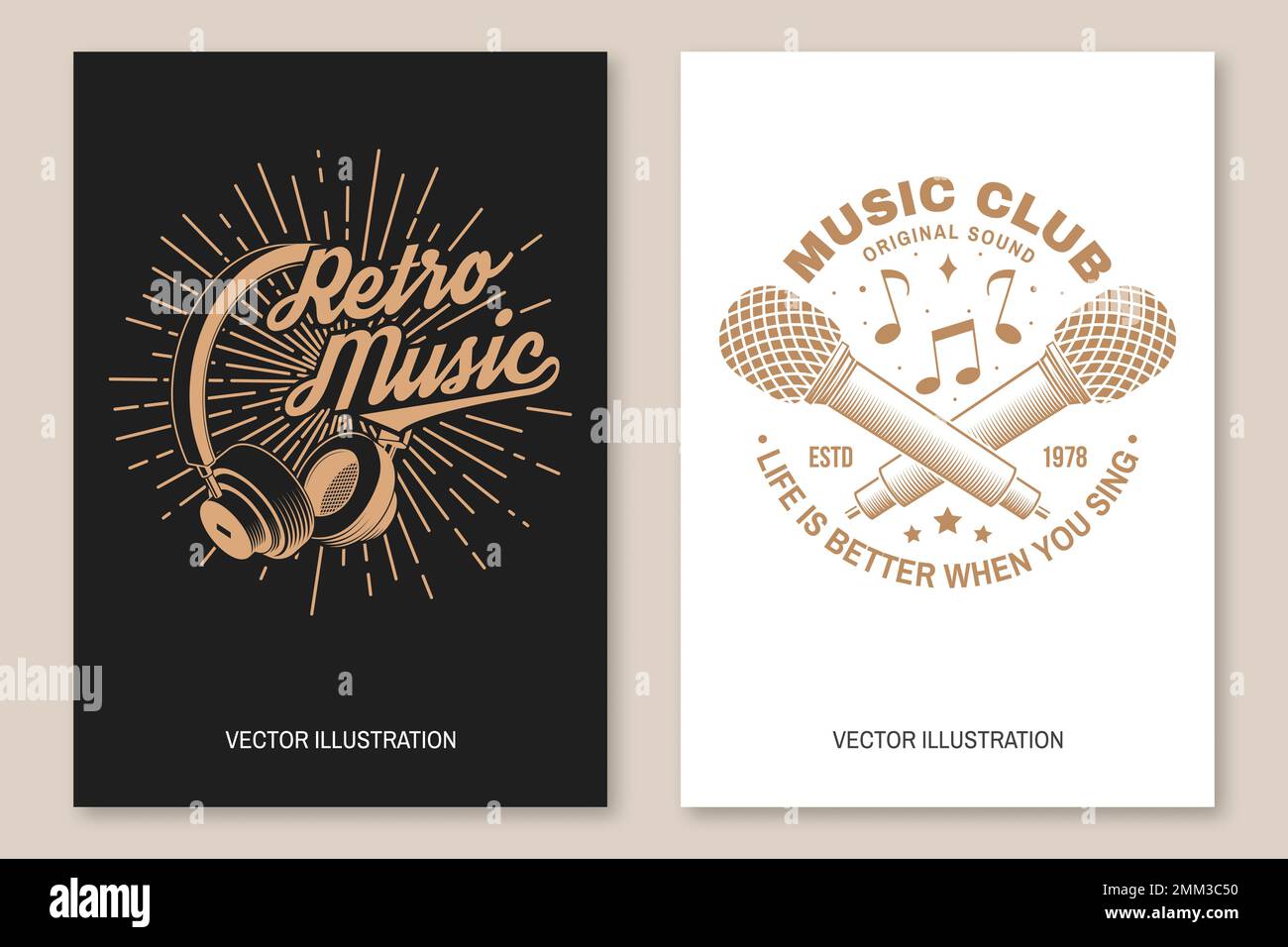 Music club logo, badge, label. Retro poster, banner with headphones ...