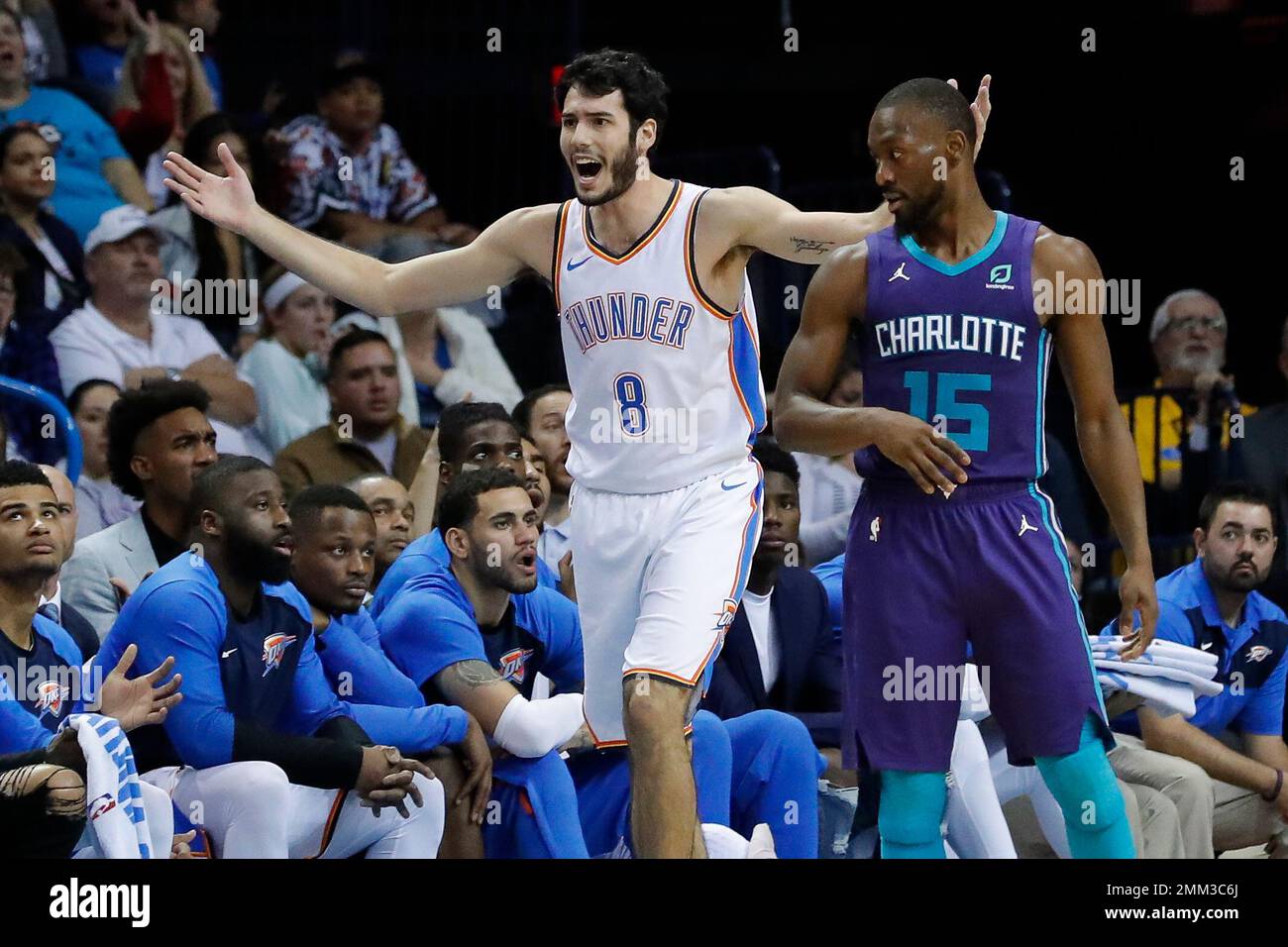 Oklahoma City Thunder guard Alex Abrines (8) reacts to a play as ...