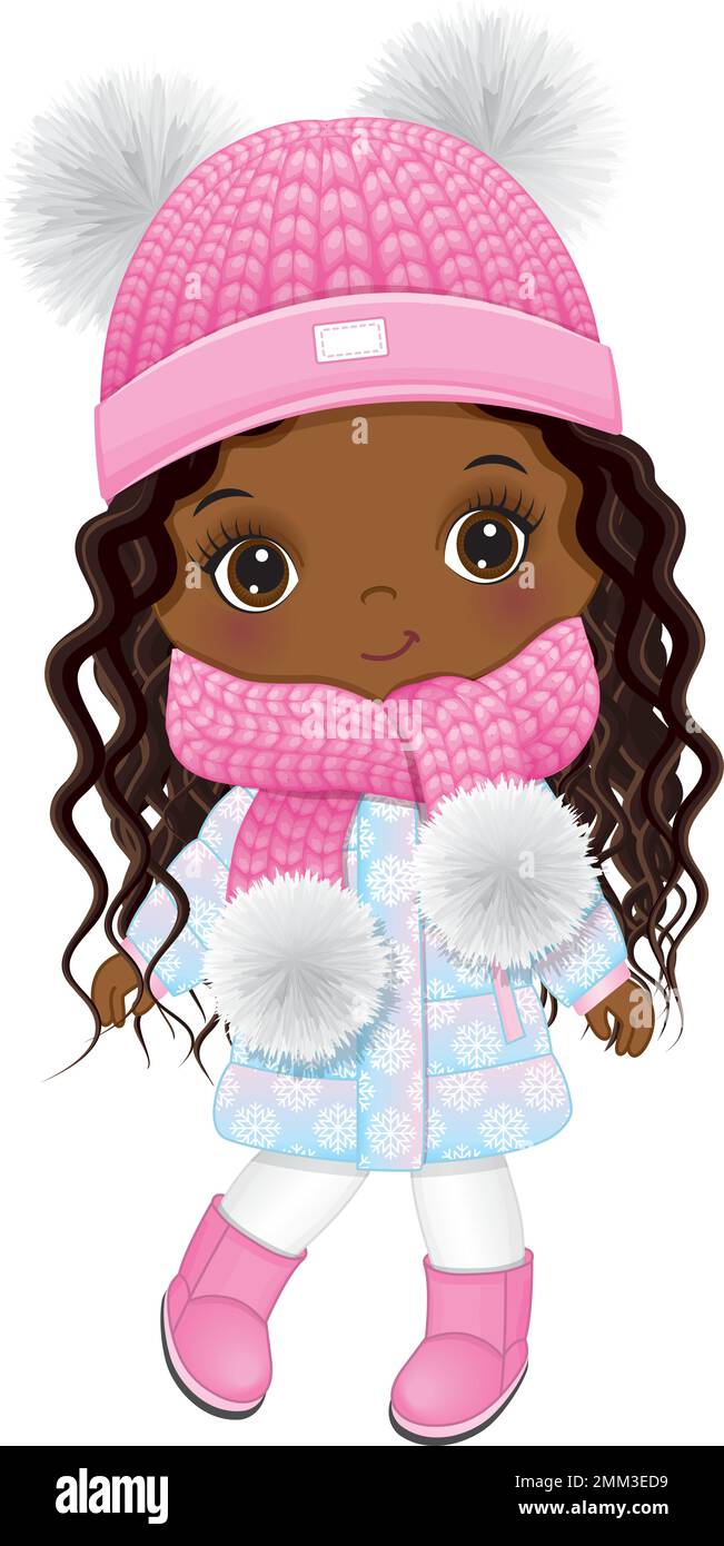 Cute Little African American Girl Wearing Winter Outfit. Vector Trendy ...