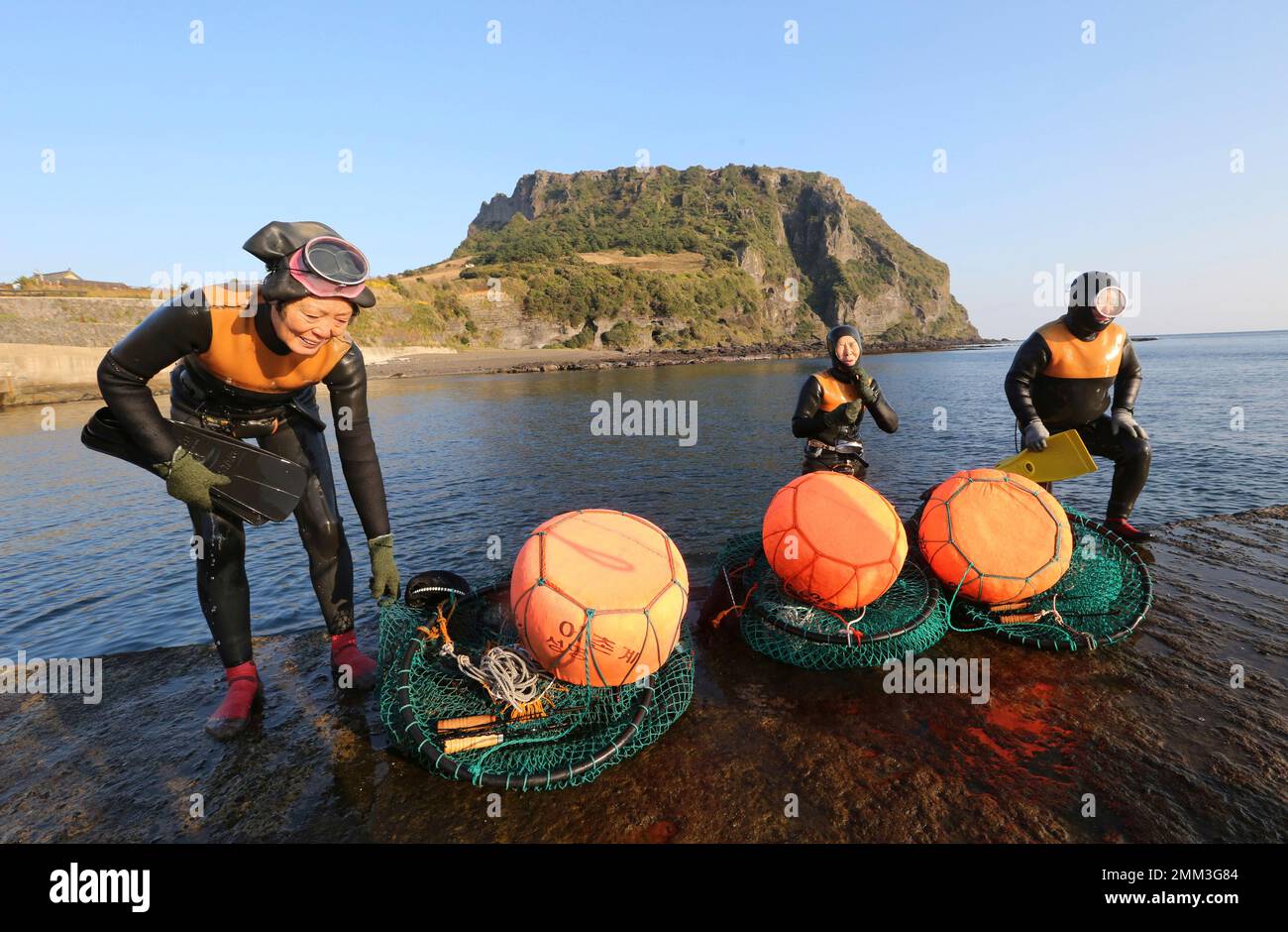 South Korean Haenyeos come out from the water after catching turban ...