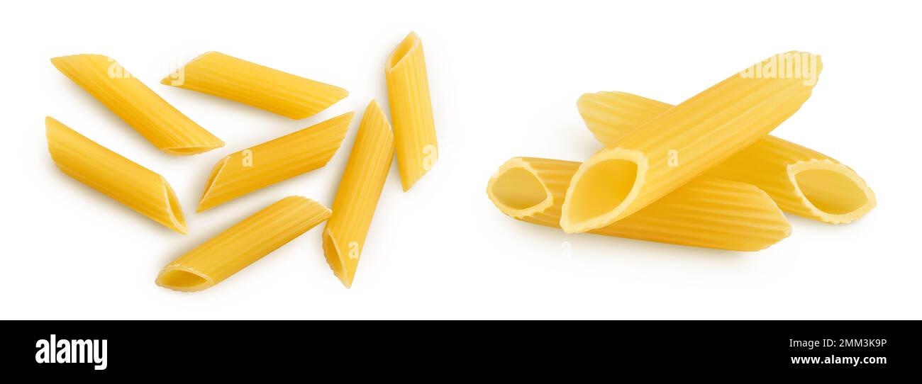 Raw italian penne rigate pasta isolated on white background with full ...
