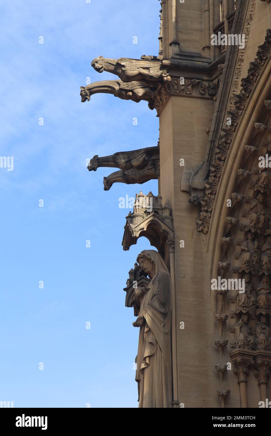 sculptures in limestone facade of gothic medieval cathedral Saint ...