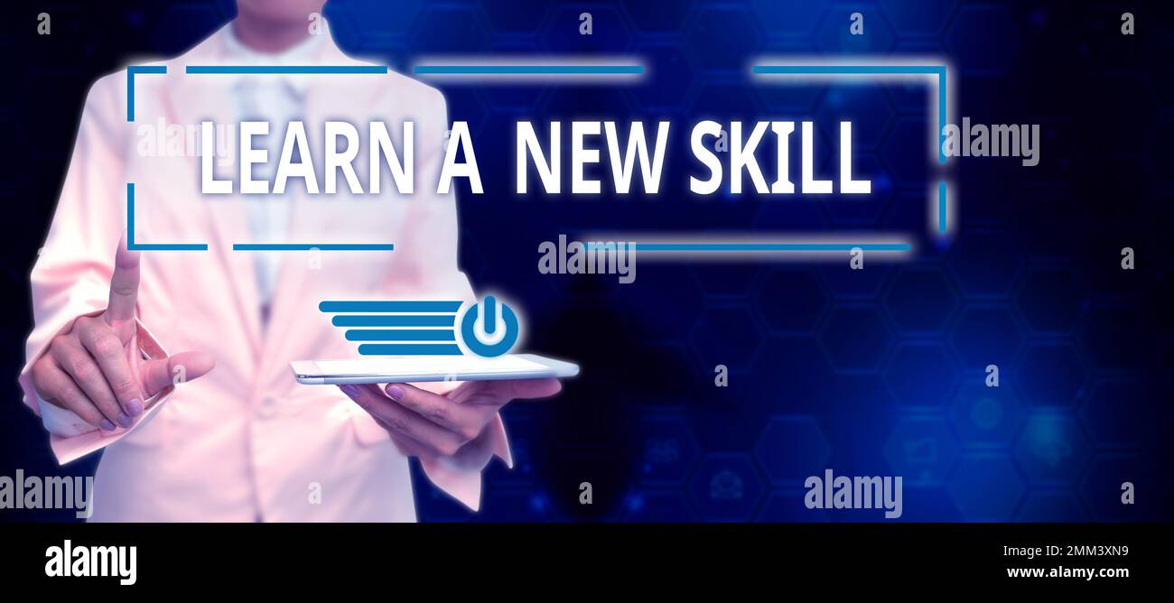 Text caption presenting Learn A New Skill. Word for acquisition knowledge through study ...