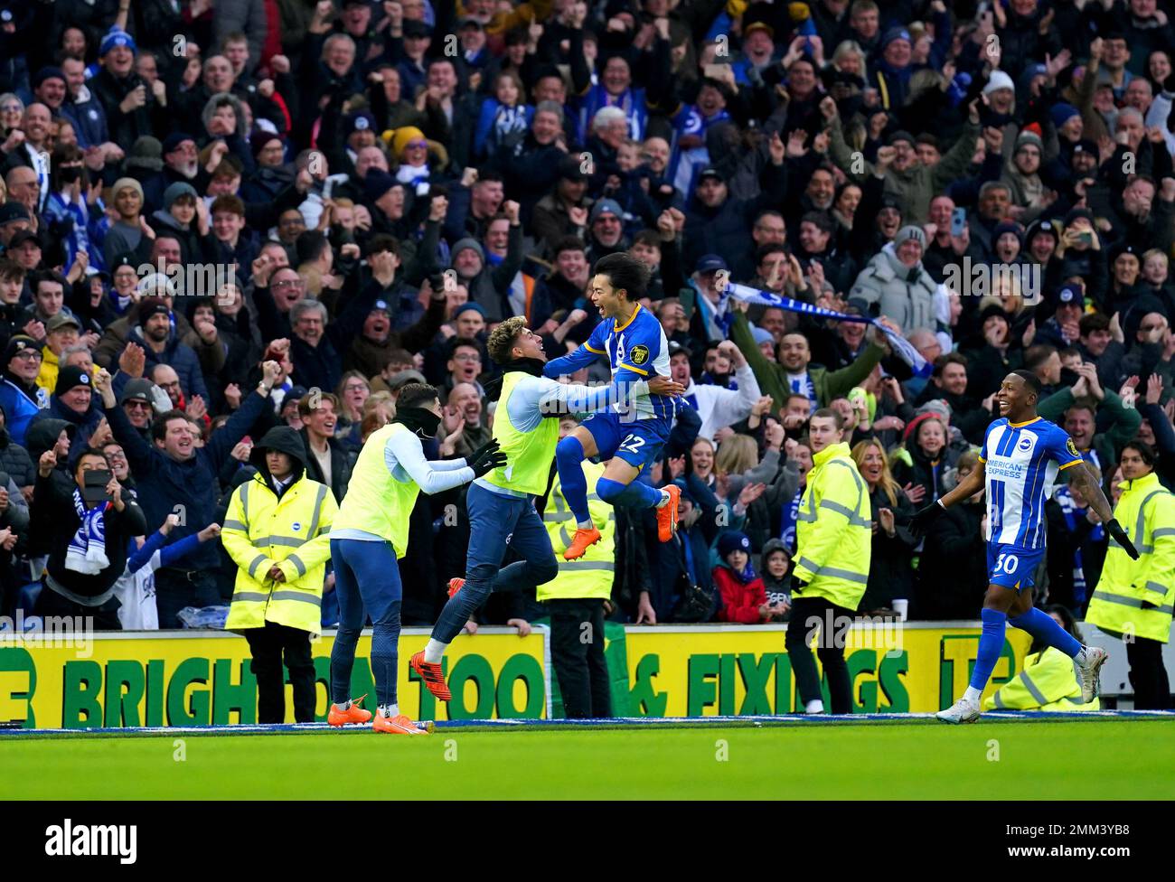 Brighton and Hove Albion's Kaoru Mitoma celebrates with his team-mates ...