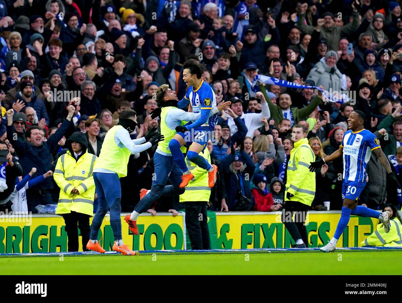 Brighton and Hove Albion's Kaoru Mitoma celebrates with his team-mates ...
