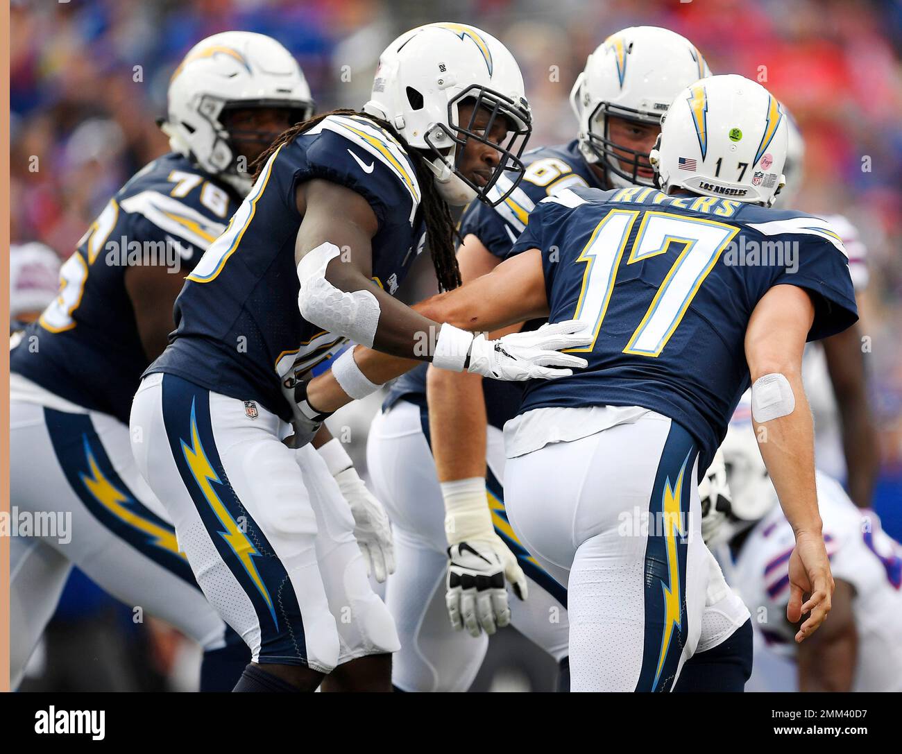 Los Angeles Chargers running back Melvin Gordon III listens to an ...