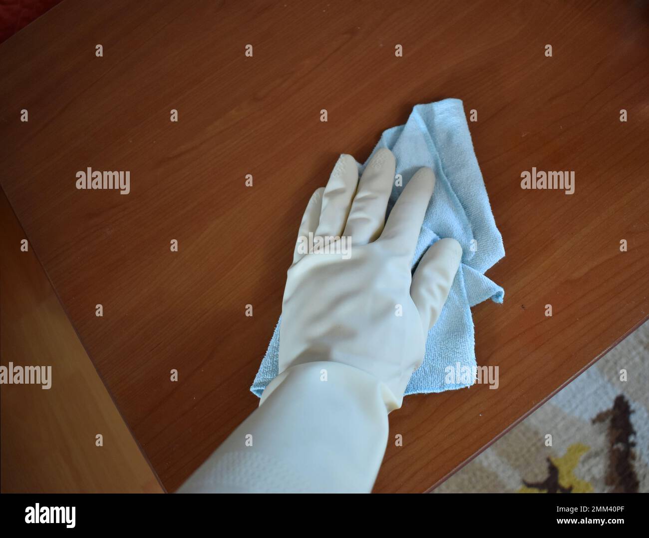 Female hand in rubber glove holding blue rag and dusting the wooden ...