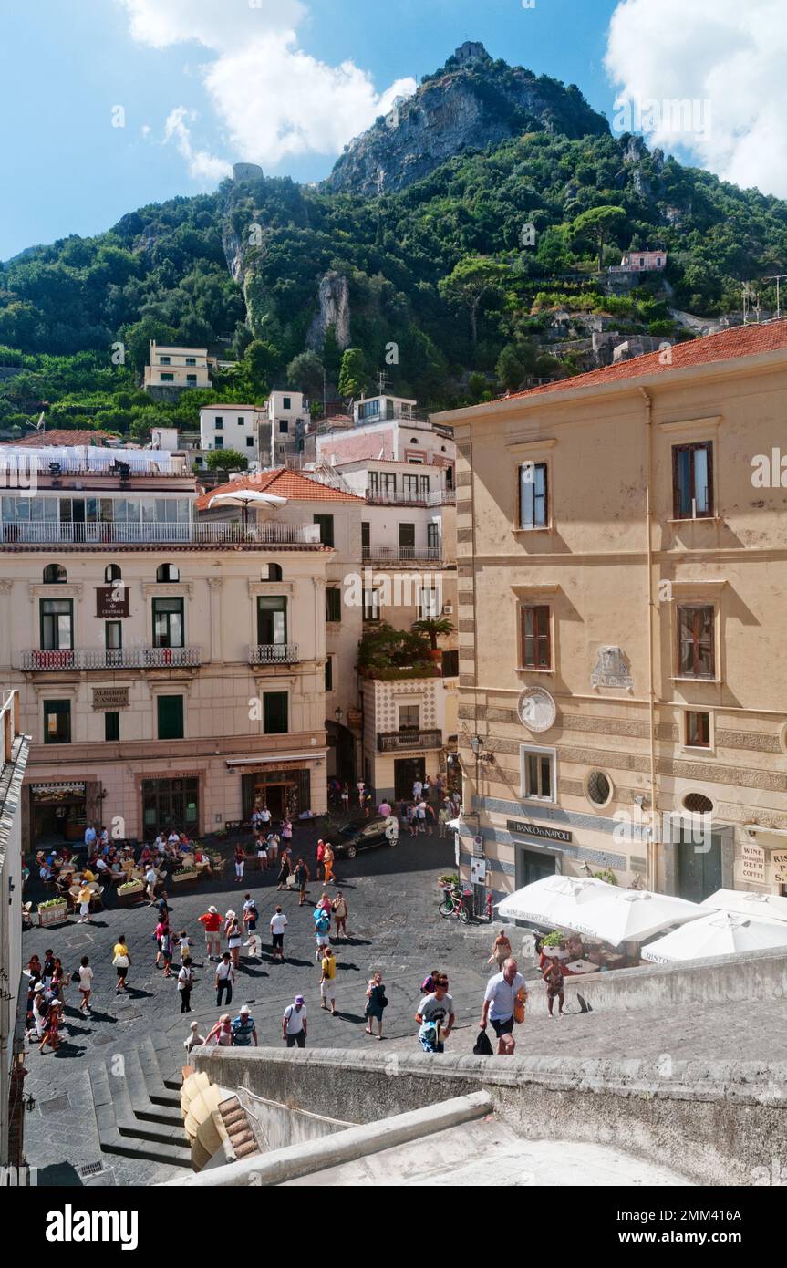 Tourists walking up the steps to the Cathedral of St Andrew, Amalfi ...