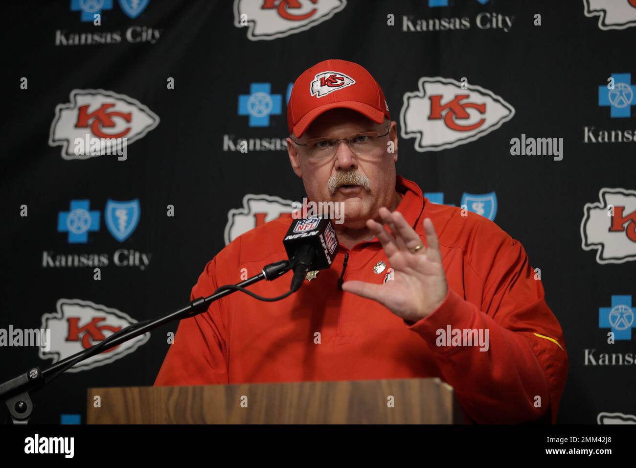 Kansas City Chiefs head coach Andy Reid talks to reporters following an ...