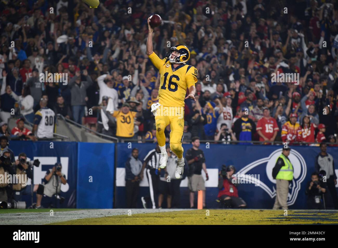 Los Angeles Rams quarterback Jared Goff leaps in celebration after he ...