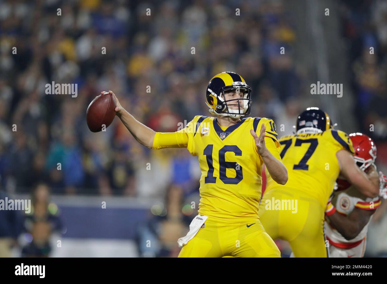 Los Angeles Rams quarterback Jared Goff looks to pass against the ...