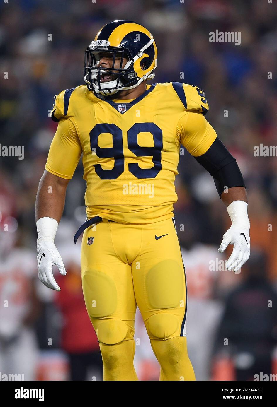 Los Angeles Rams defensive end Aaron Donald reacts to a play during the ...