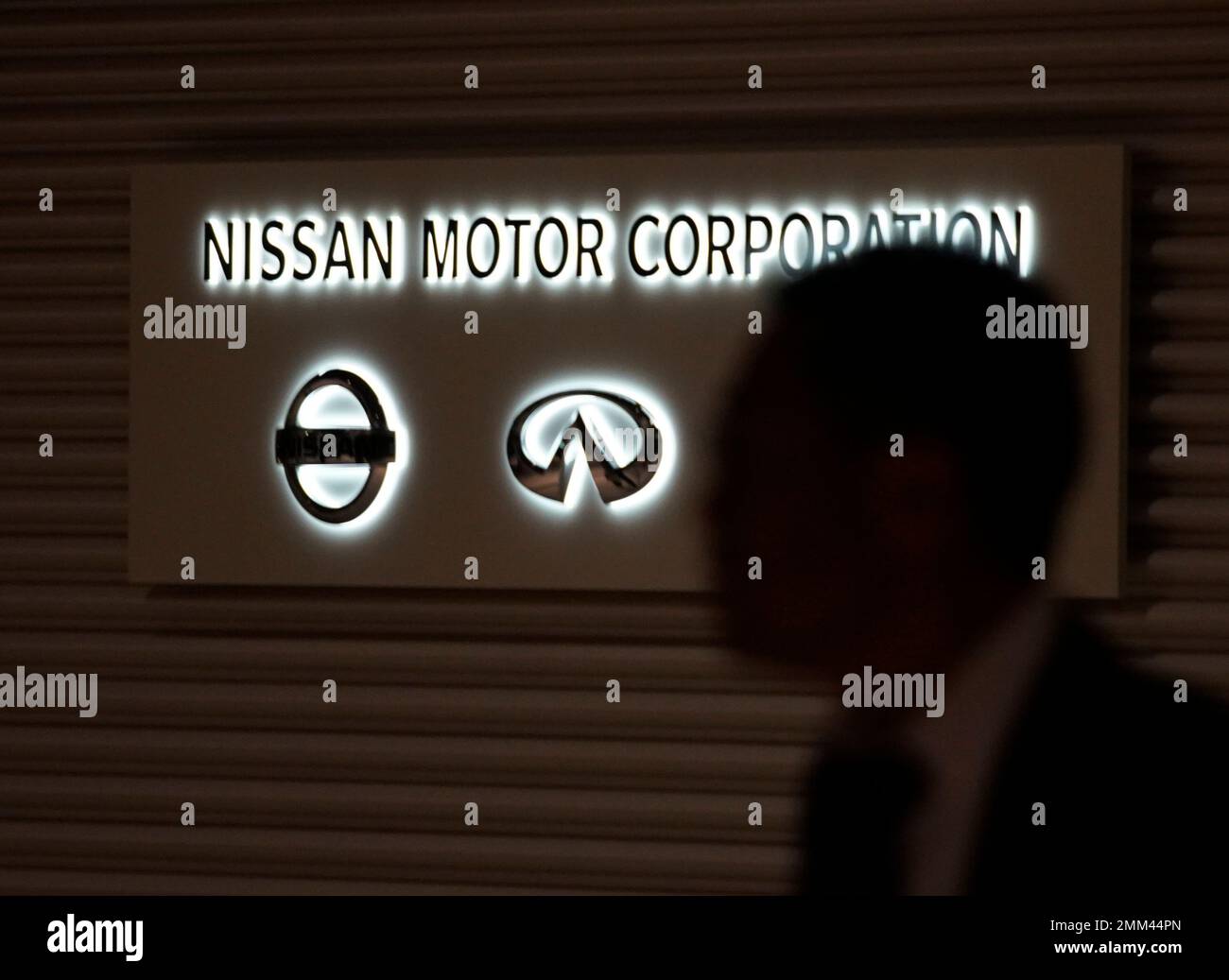 The logos of Nissan Motor Co. are seen at Nissan Motor Co. Global ...